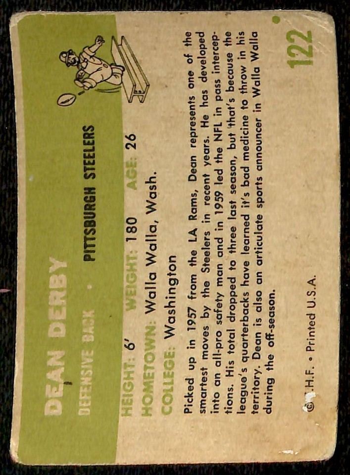 1961 Fleer Dean Derby Pittsburgh Steelers #122 | eBay