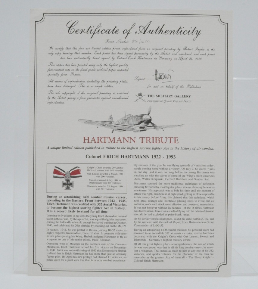 "HARTMANN TRIBUTE" by Robert Taylor 1 Pilot Signatures w/COA | eBay
