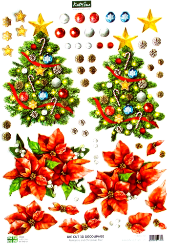 A4 DIE CUT 3D Paper Tole Decoupage CHRISTMAS Tree & Poinsettia SHEET ...