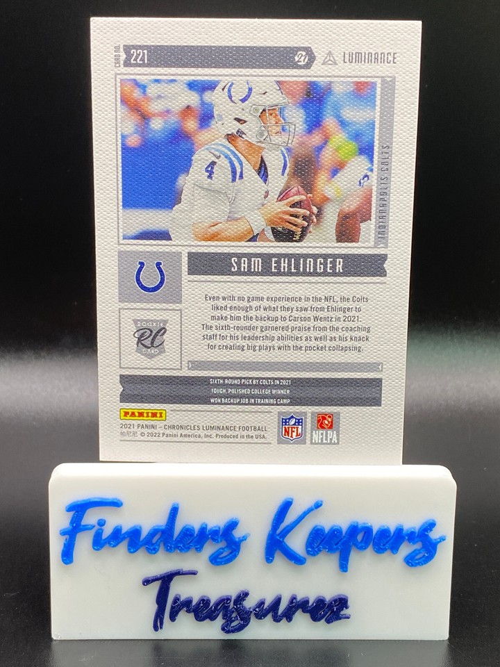 2021 SAM EHLINGER PINK CHRONICLES LUMINANCE FOOTBALL RC #221 COLTS KA ...