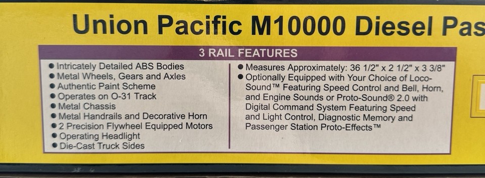 Rail King MTH O Union Pacific M10000 Diesel Passenger Set w/Proto Snd ...