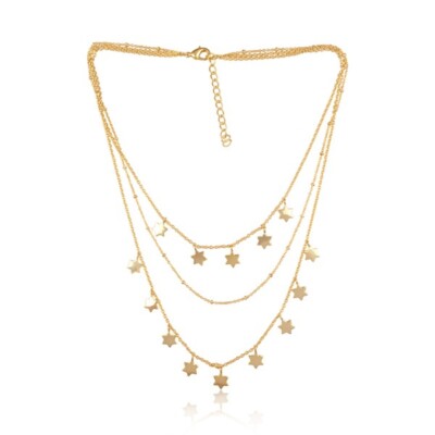 Three Layer Chain Necklace Yellow Gold Plated Multi Star Charm Bras ...