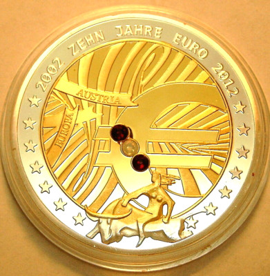 Österreich 10 Jahre Euro PP Euro Ø40mm 32g Gold vered. 3 Kristalle Rot ...