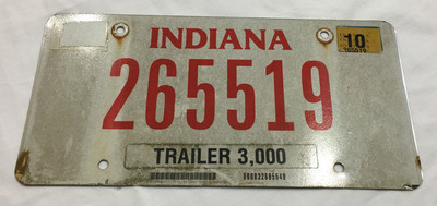 Indiana License Plate Trailer 3,000 Expired 2010 Red and White "265519 ...