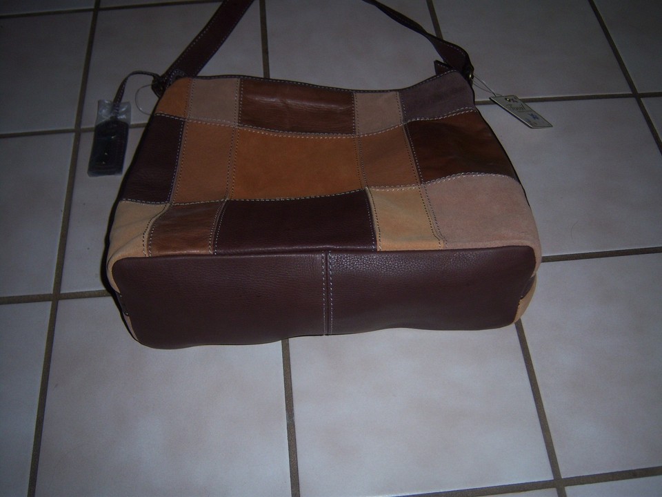 NEW TRENDY FOSSIL CARGO Patchwork Chevron BROWN Leather Largo Hobo ...