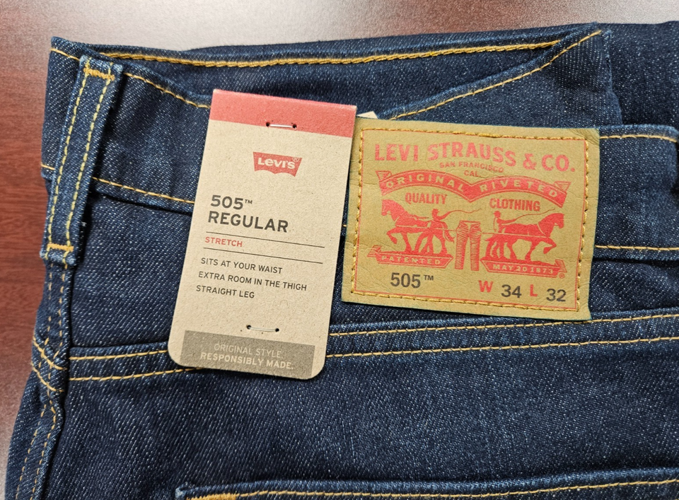 NEW Men's Levi's 505 Regular Fit Jean 95% Cotton Blue Jeans Label 34x32 ...