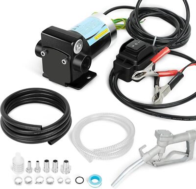 12V Gasoline Oil Fuel Transfer Pump Kit with Connection Cables w/Hoses ...