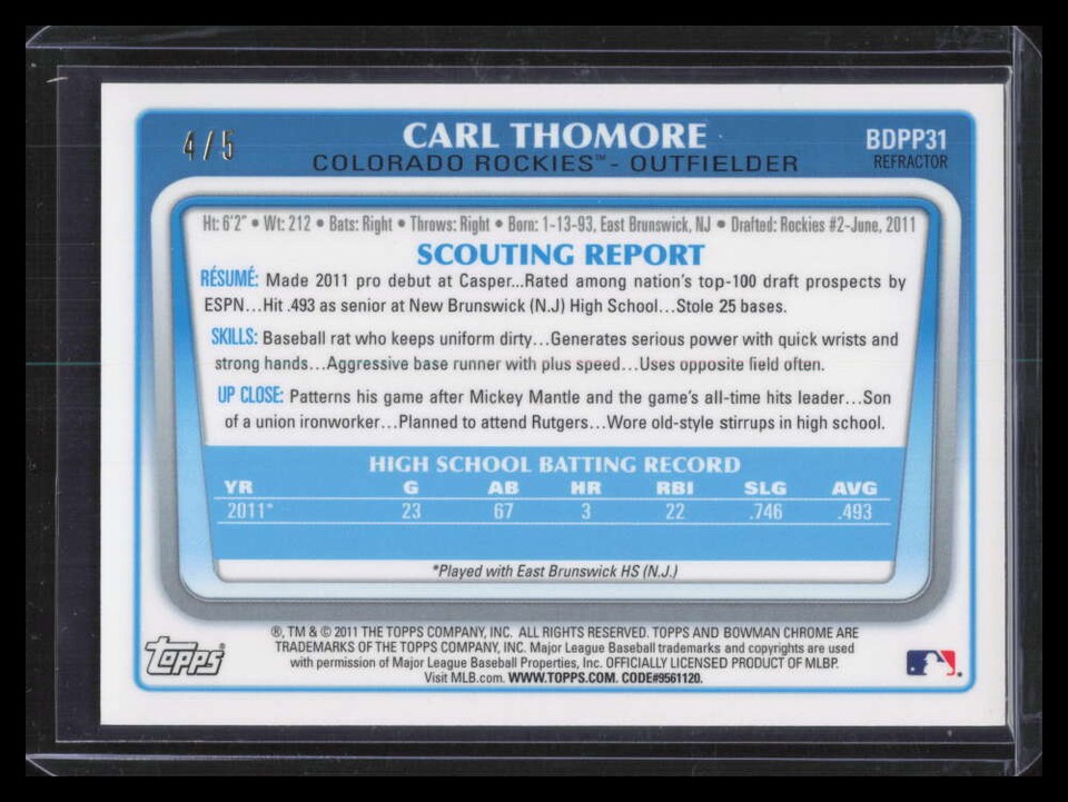 2011 Bowman Chrome Draft Prospects Red Refractor bdpp31 Carl Thomore ...