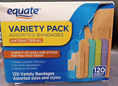 Equate Antibacterial Assorted Bandages Variety Pack - 120 Count EXP 07/ ...