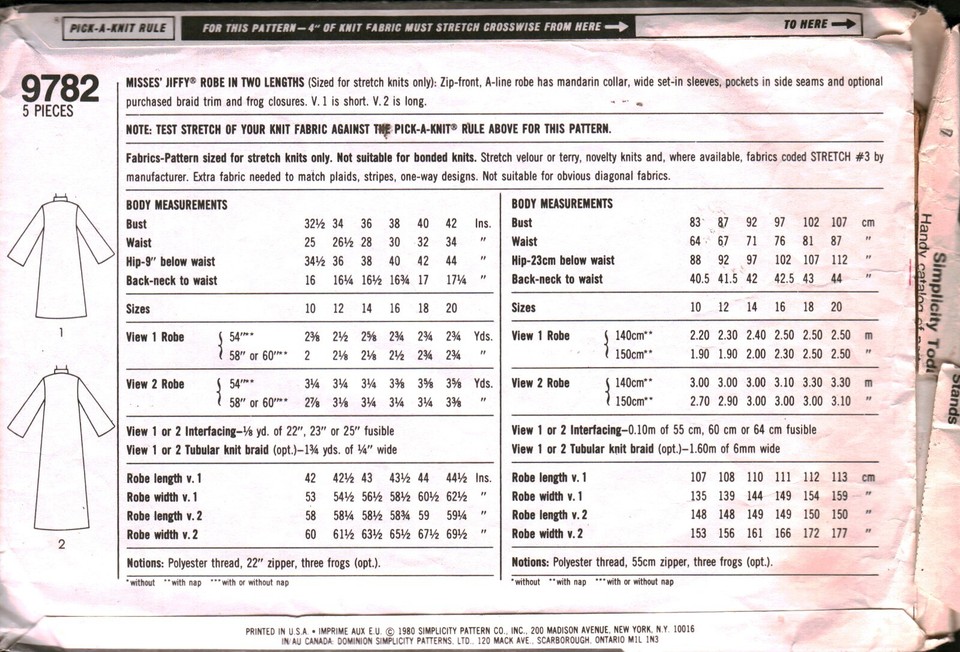 9782 Vintage Simplicity SEWING Pattern Misses Jiffy Robe Two Lengths ...