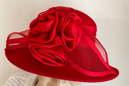 Red Brim Satin Hat Cap with Flowers - Red Hat Lady | eBay