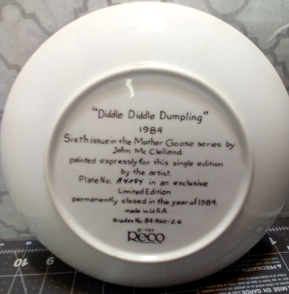 1984 Reco Mother Goose Plate Diddle Diddle Dumpling John McClelland 6th ...