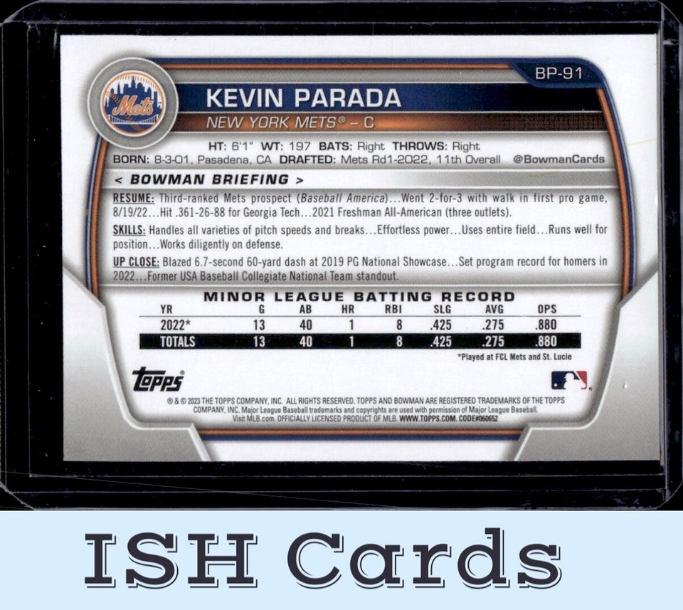 2023 Bowman Kevin Parada Pink /175 #BP-91 New York Mets | eBay