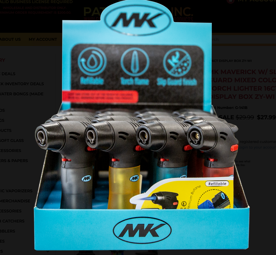 MK MAVERICK W/ SLIP GUARD MIXED COLORED TORCH LIGHTER 16CT DISPLAY BOX ...