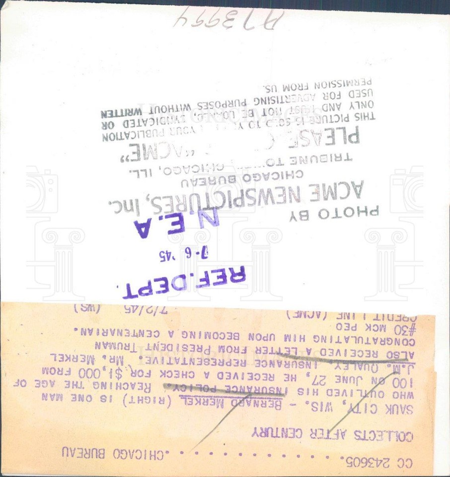 1945 Press Photo Sauk City WI Bernard Merkel Outlived Insurance Policy ...