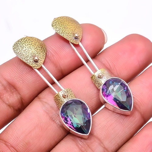 Black Rainbow Mystic Fire Topaz 925 Sterling Silver Two Tone Earring 1.76" E18 | eBay