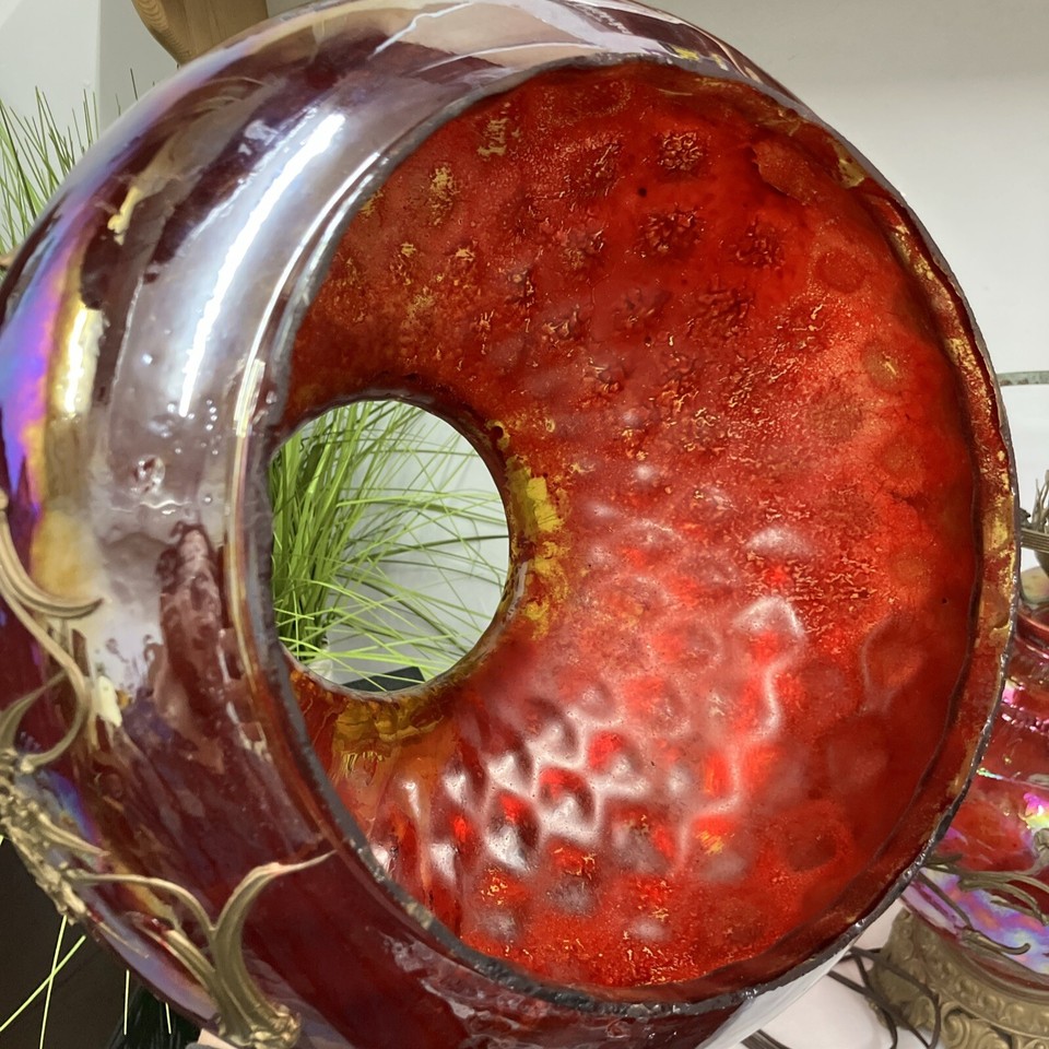 Vintage Opalescent Glass Ornate Lamp Cranberry Hurricane | eBay