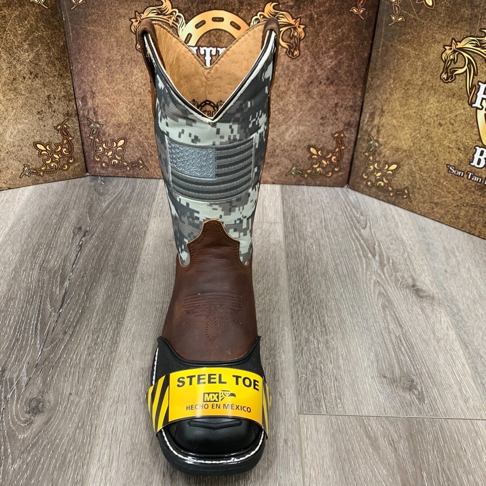 MEN'S SQUARE STEEL TOE WORK BOOTS GENUINE SOFT LEATHER COWBOY PULL ON ...