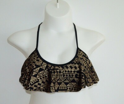 Women's Bathing Suit Flowy Top Black Gold String Halter Bikini Swimwear ...