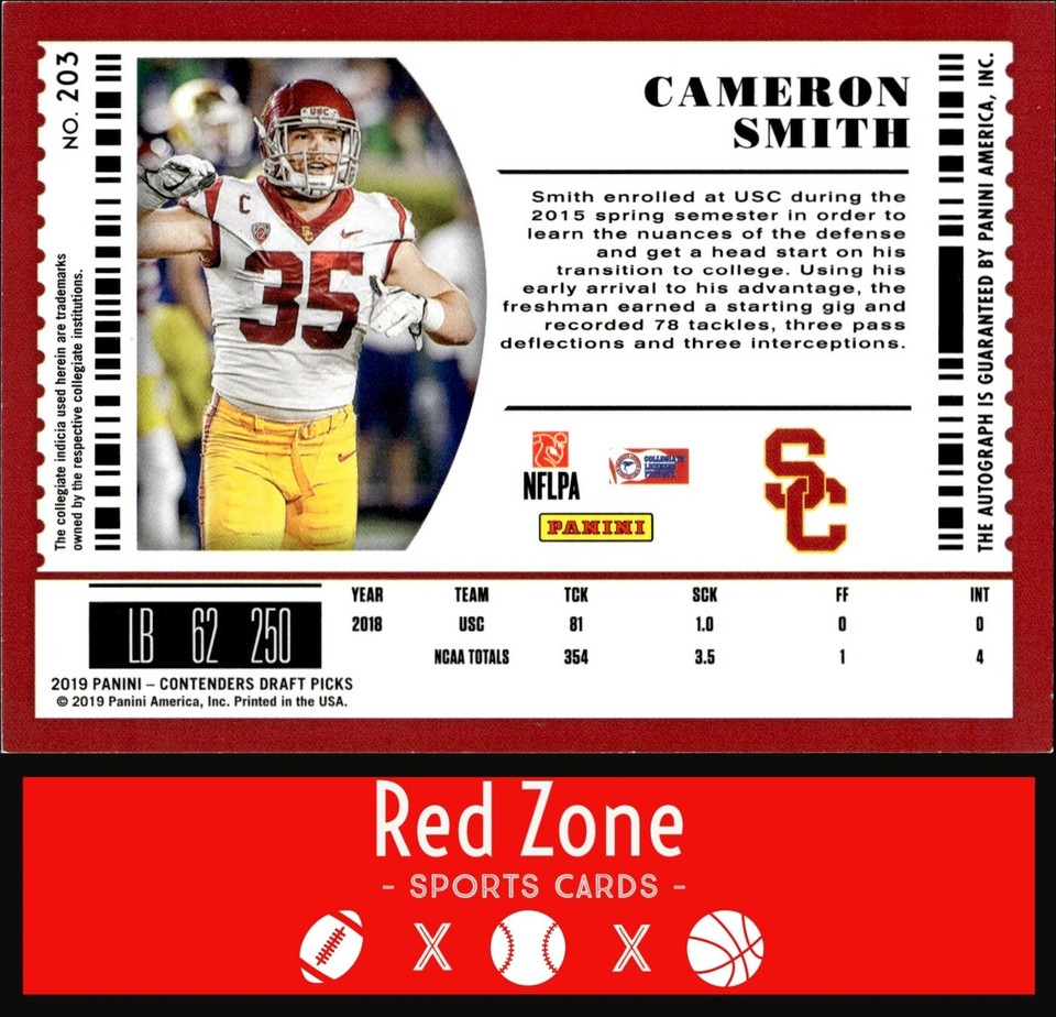 2019 Panini Contenders Draft Picks Collegiate - #203 Cameron Smith NM ...