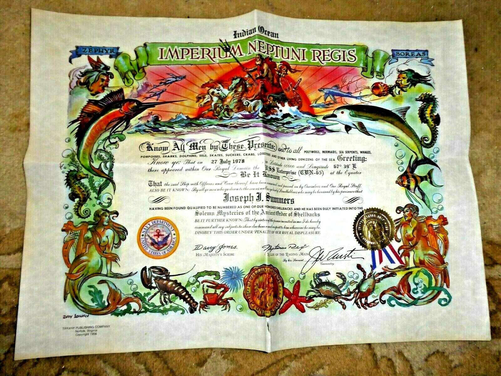 VINTAGE CERTIFICATE US NAVY USS ENTERPRISE AIRCRAFT CARRIER NEPTUNI ...