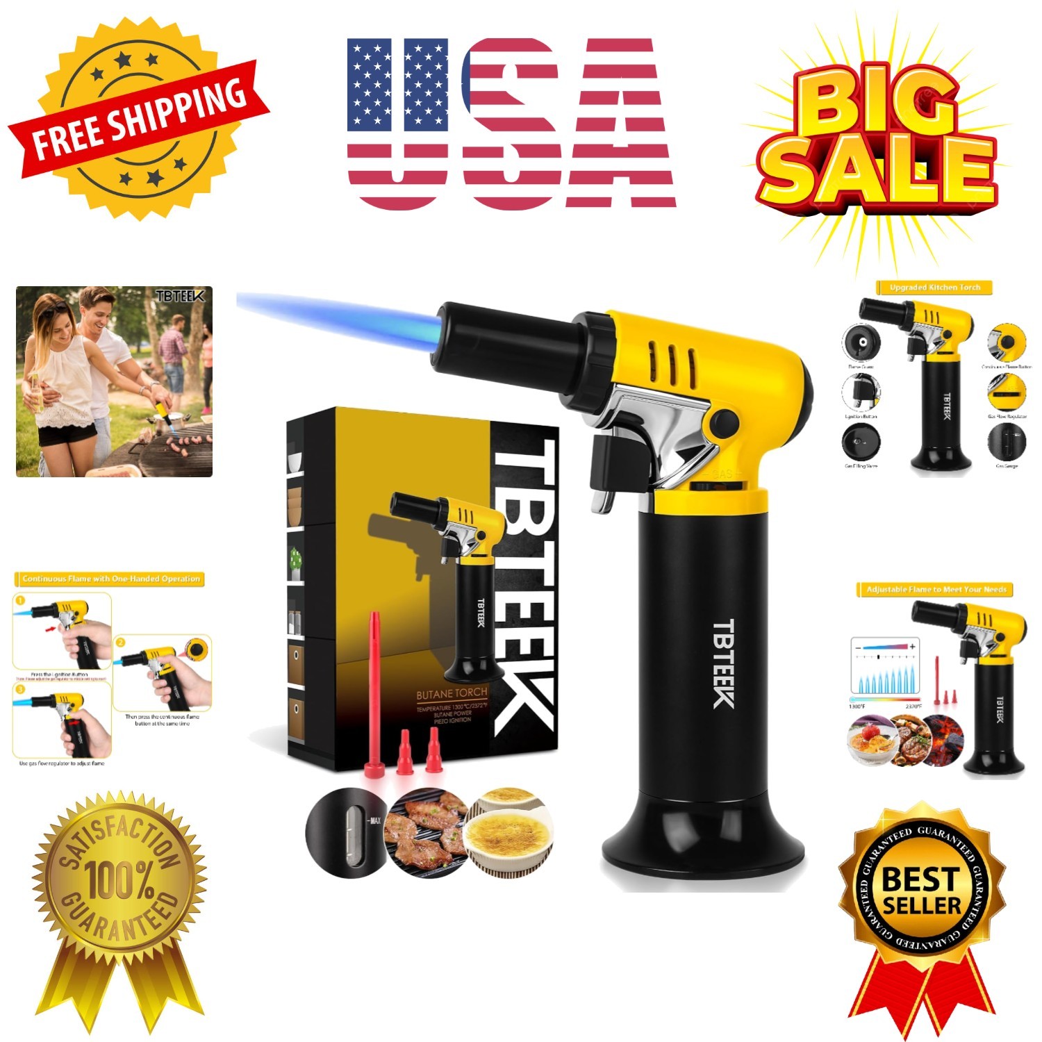 Butane Torch with Fuel Gauge T907, One-hand Operation Kitchen Torch ...