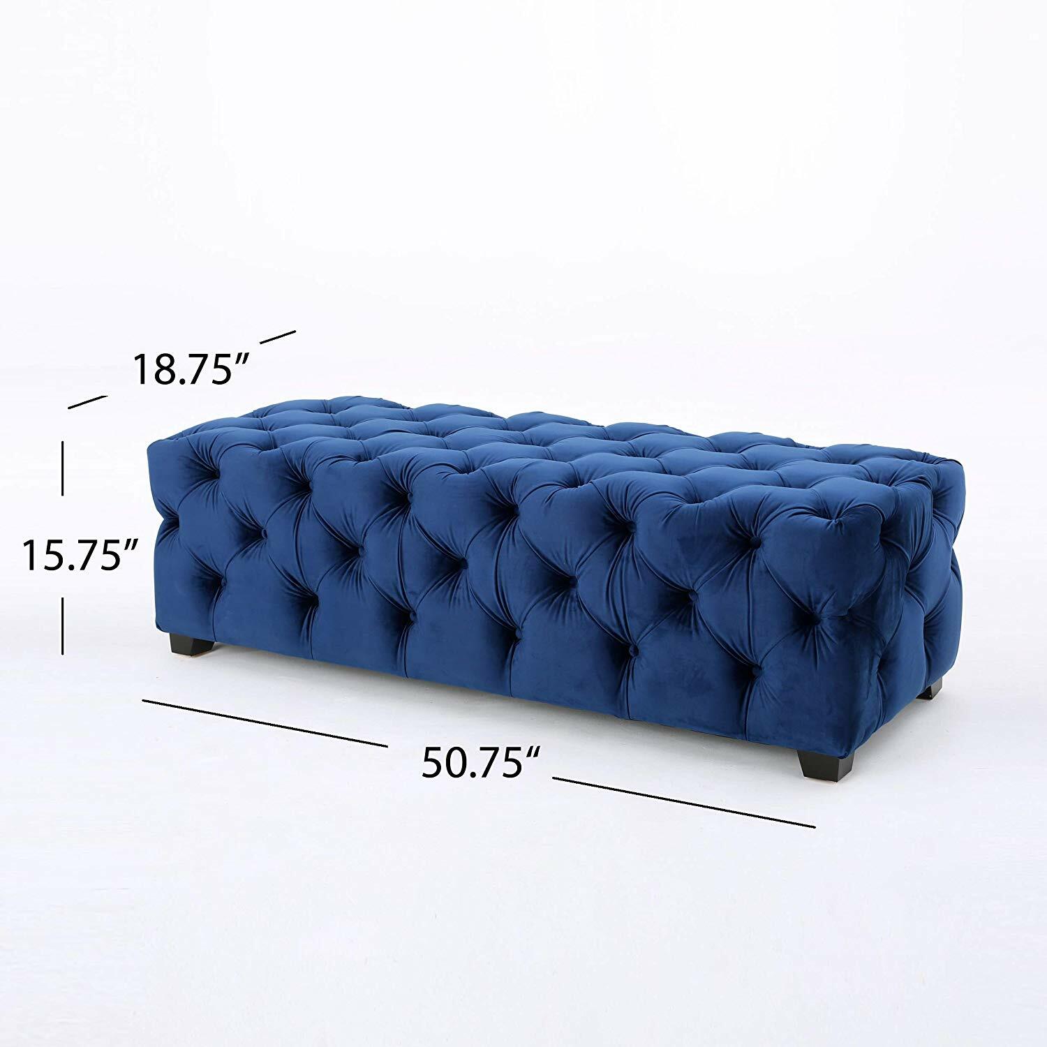 Navy Blue Velvet Tufted Fabric Bench Padded Ottoman Wood Seat Glam Chic ...