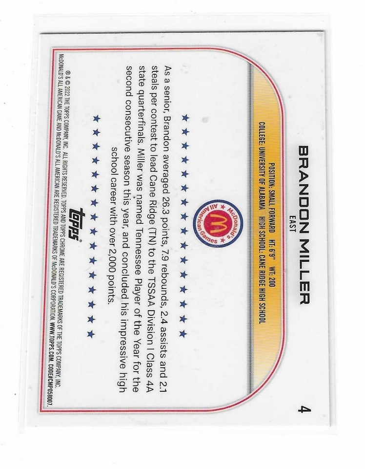 2022 Topps Chrome Brandon Miller McDonalds All American Rookie Card | eBay