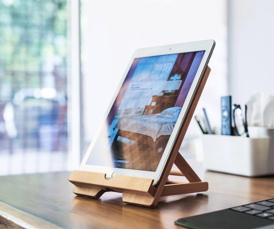 Bamboo Tablet Holder - Adjustable Folding iPad Stand with Charge Port ...