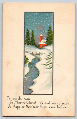 Vintage Postcard - Snow w Building and Moon - Light Silvering ...