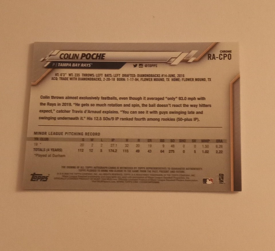 2020 Topps Chrome Rookie Autograph SP Colin Poche RC Tampa Bay Rays | eBay