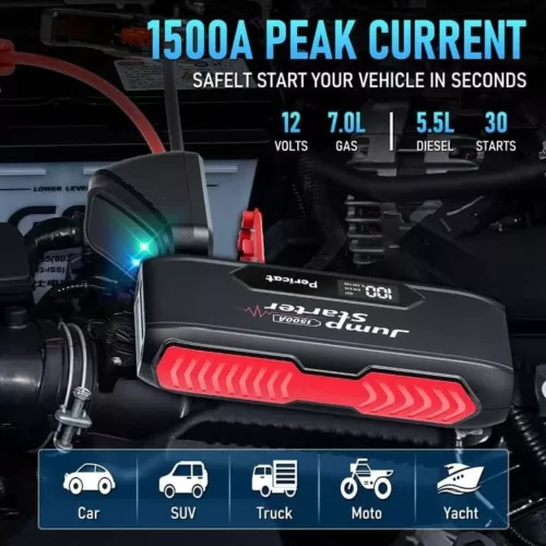 1500A 18000mAh Portable Jump Starter 12V Lithium Battery LED Screen ...
