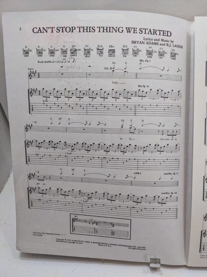 Can't Stop This Thing We Started Bryan Adams Sheet Music Piano Guitar ...