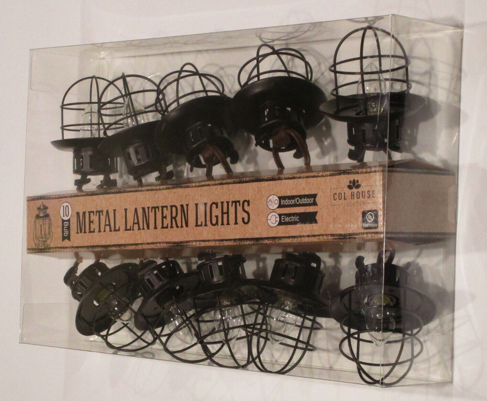 Black Metal Lantern String Lights 10 Bulbs in Wire Cage Housing | eBay
