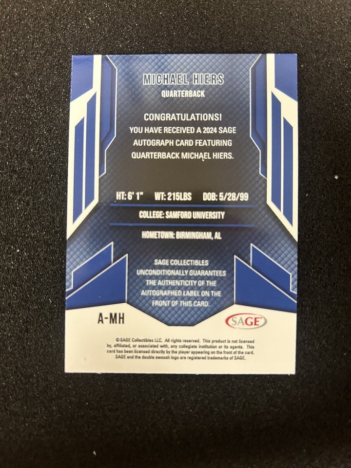 Michael Hiers 2024 Sage Black base Autograph # A-MH auto Samford | eBay