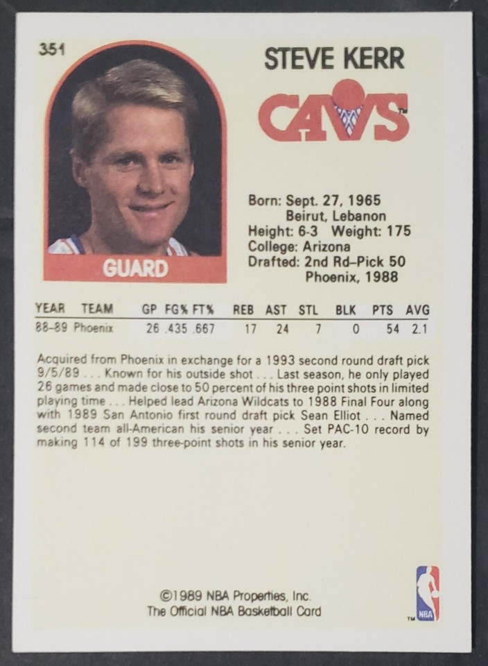 1989-90 NBA HOOPS STEVE KERR #351 ROOKIE CARD RC WARRIORS COACH HOF ...