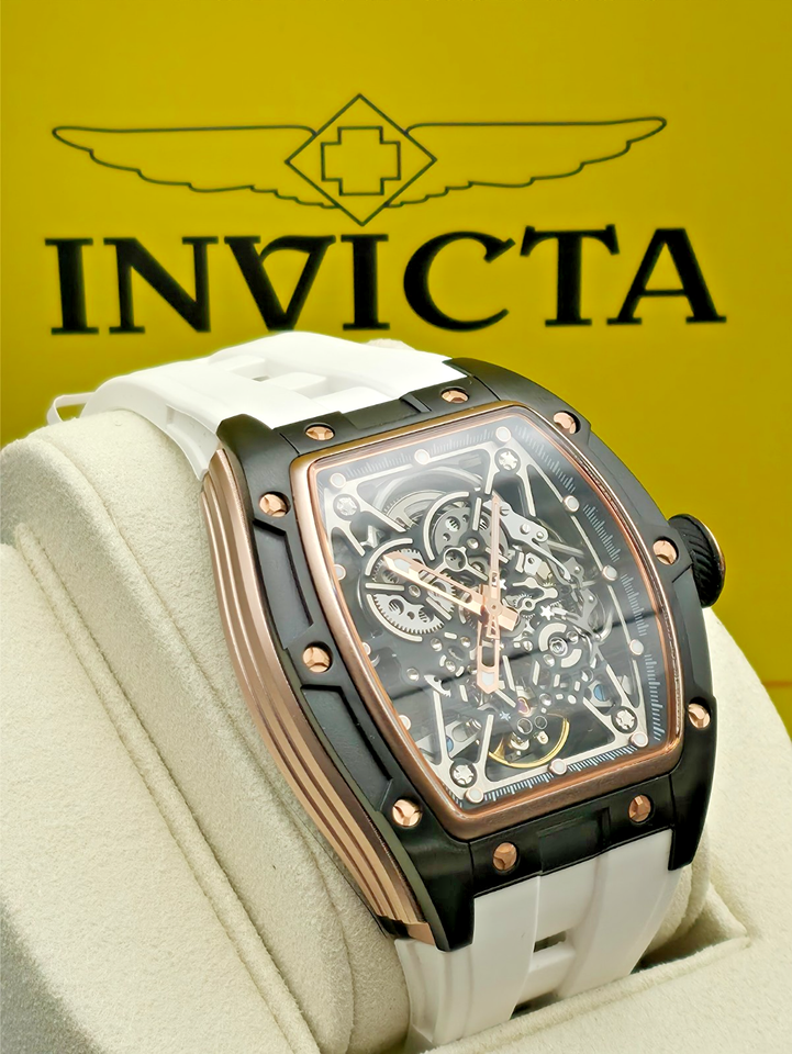 Invicta S1 Rally Automatic 44MM Skeleton Dial Rose Gold White Strap Men ...