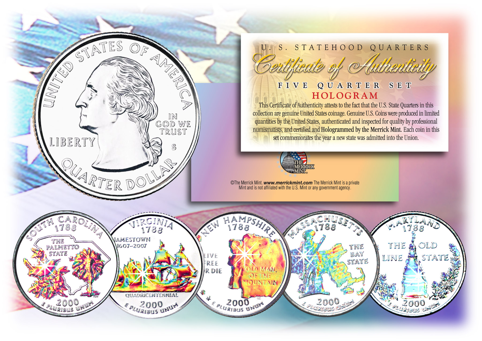 2000 US Statehood Quarters HOLOGRAM *** 5-Coin Complete Set *** w ...