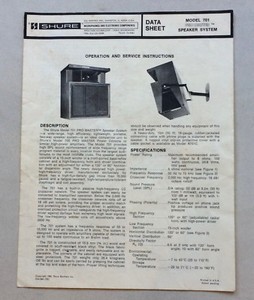 Shure Vintage Data Sheet Model 701 Pro Master 1980 COLLECTORS MUST HAVE ...
