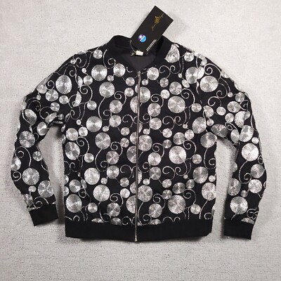 Joan Boyce Gold Bomber Jacket Women's Small Black Silver Textured Long ...