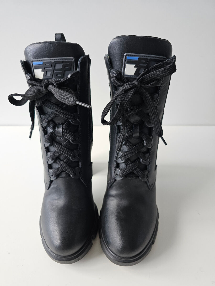 Prada Black Leather Neoprene Moto Combat Platform Ankle Prada Black Leather Neoprene Moto Combat Platform Ankle