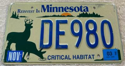 Minnesota Reinvest in Critical Habitat Specialty License Plate DE980 ...