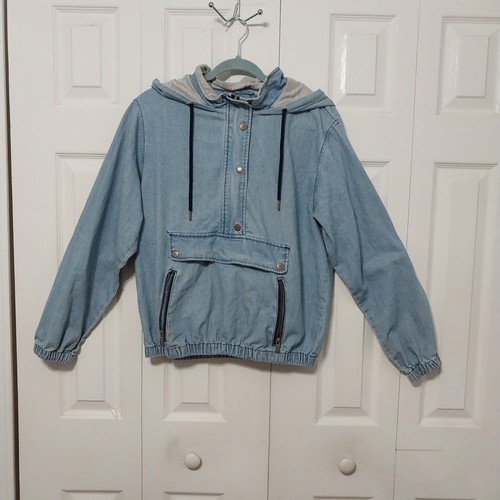 Vintage 1 Sunset Lane Denim Pullover Jacket Women’s Large Hooded Retro ...