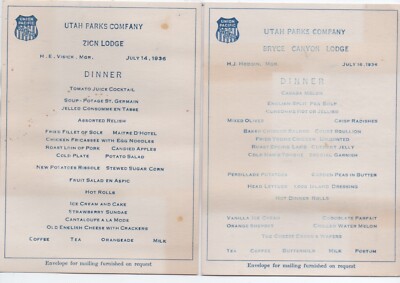 Two 1936 Utah Parks Co Menus for Zion Lodge and Bryce Canyon Lodge | eBay