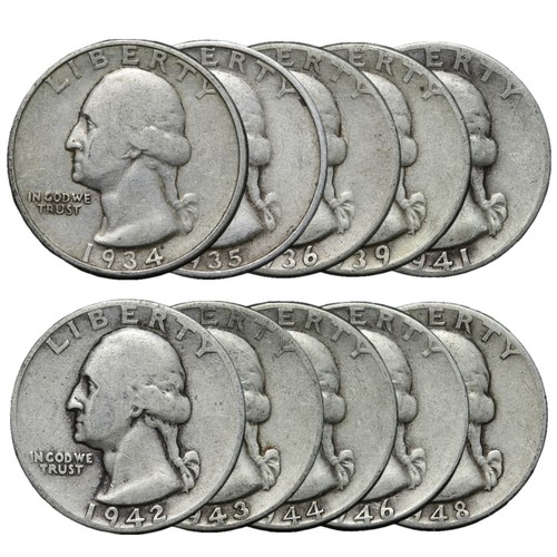 10 PIECE LOT Washington SILVER Quarters From the 30s & 40s! 10 ...