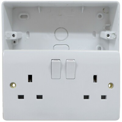 2 Gang 13 Amp Wall Socket with 32mm Surface PVC Conduit Back Box Double ...