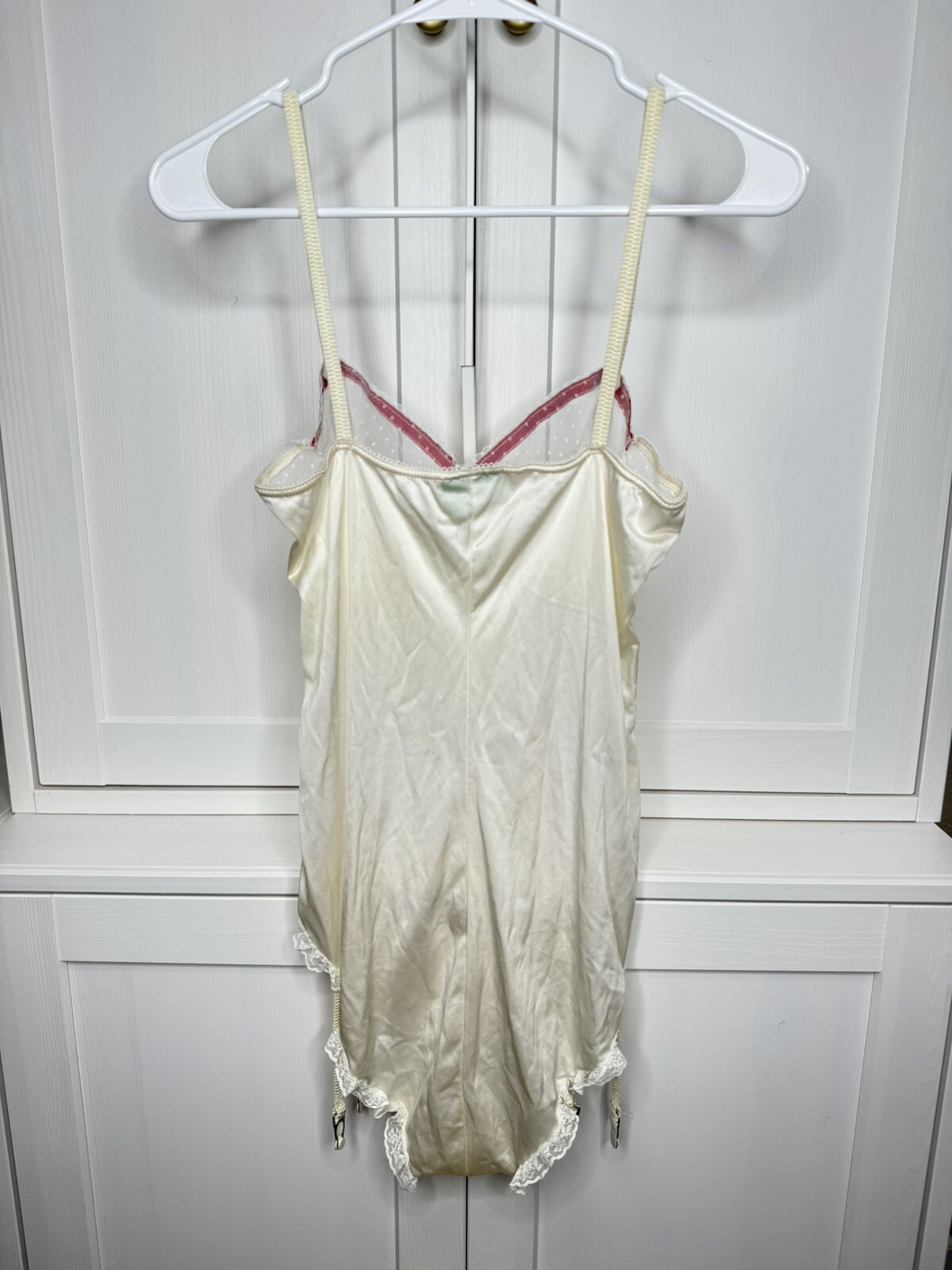 1970s White Bodysuit Negligee W Garters Red Lace Acce… - Gem