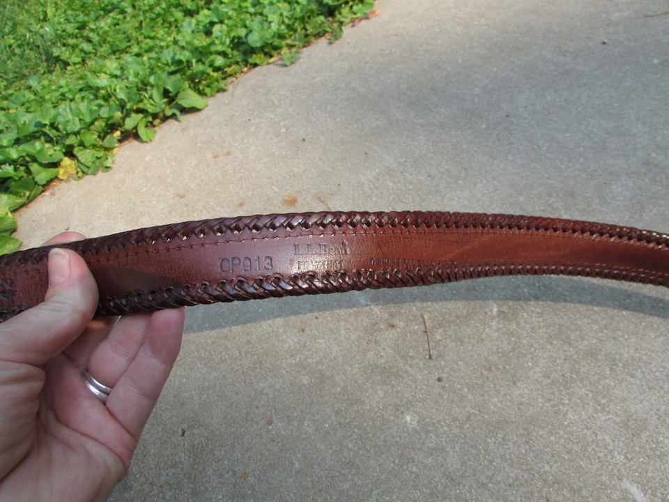 L.L. Bean Brown Leather OP913 Brass Buckle Striped Canvas Center Belt Size 42 | eBay
