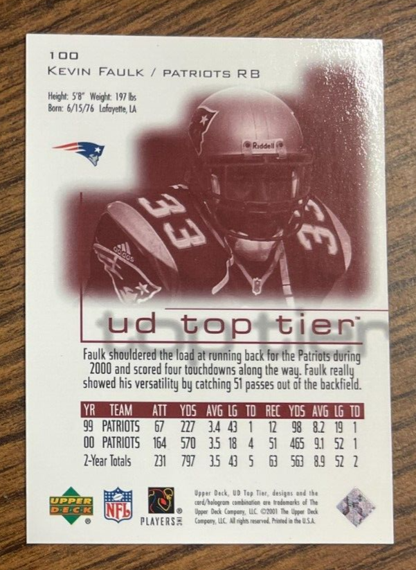 2001 Upper Deck Top Tier Card # 100 Kevin Faulk - New England Patriots ...