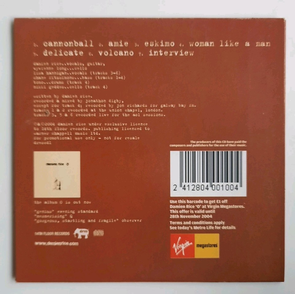 DAMIEN RICE: LIVE - PROMO CD (2004) 6 TRACKS + INTERVIEW: CANNONBALL ...